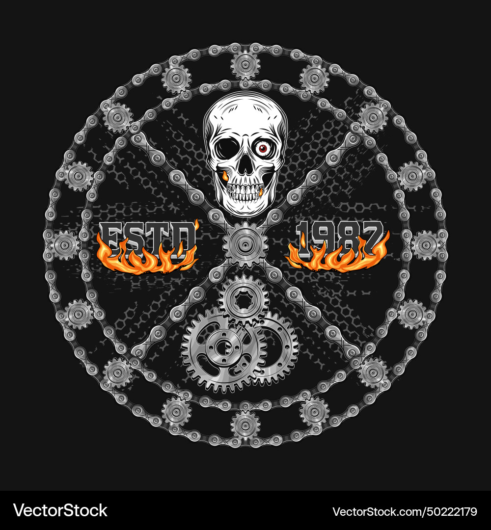 Circular industrial label with human skull gears Vector Image