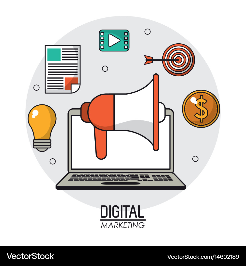 Digital marketing laptop loudspeaker multimedia Vector Image