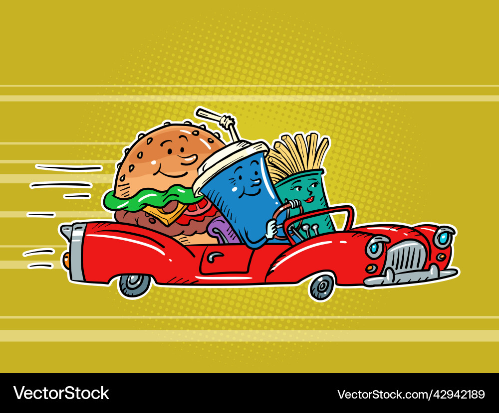Road restaurant fast food characters burger drink Vector Image