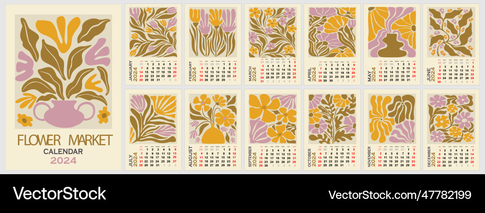 Floral monthly calendar template for 2024 Vector Image