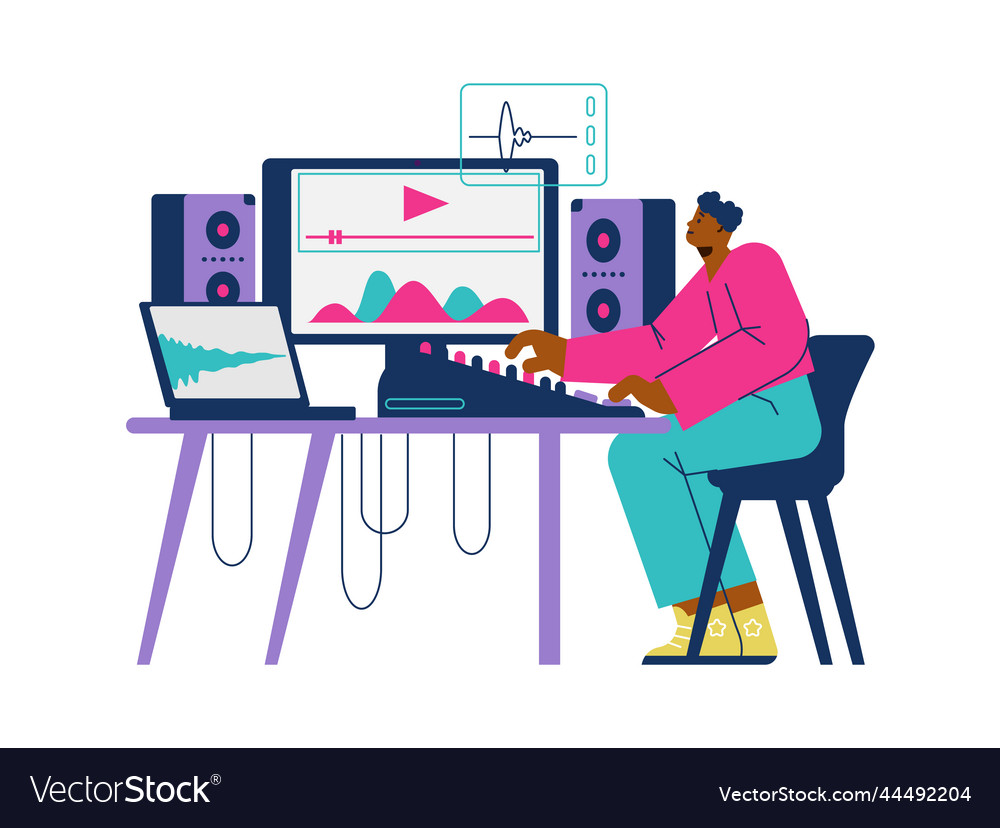 Man working with computer sound recording app Vector Image Man working with computer sound recording app Vector Image