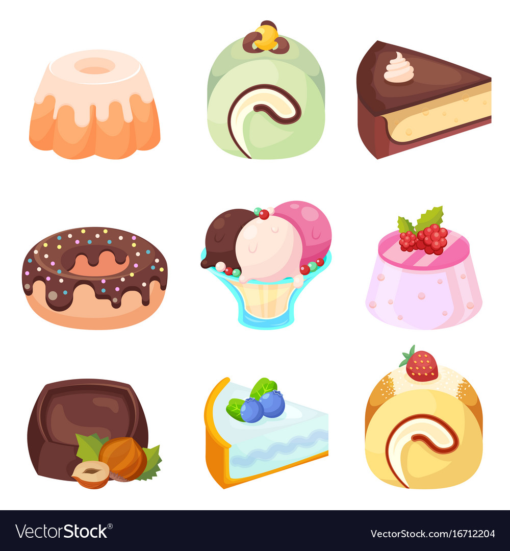 Set of delicious sweets and desserts Royalty Free Vector