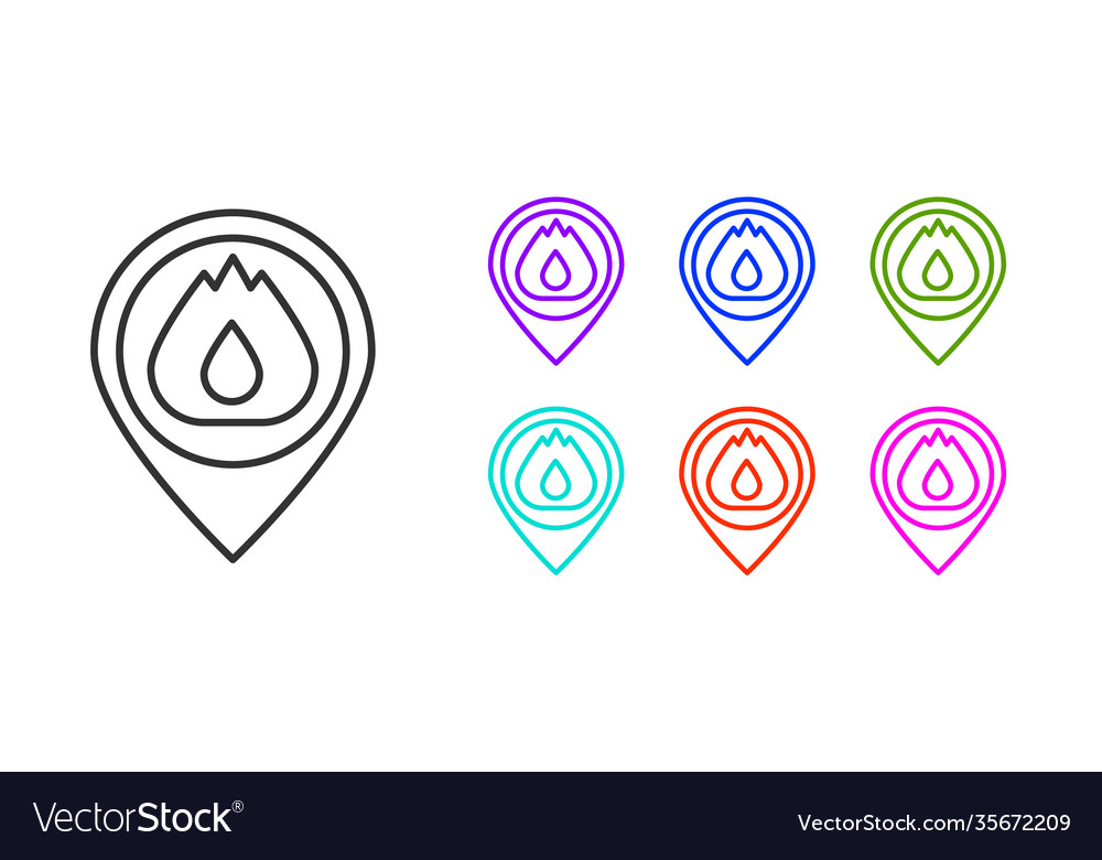 Black line map pointer with fire flame icon Vector Image