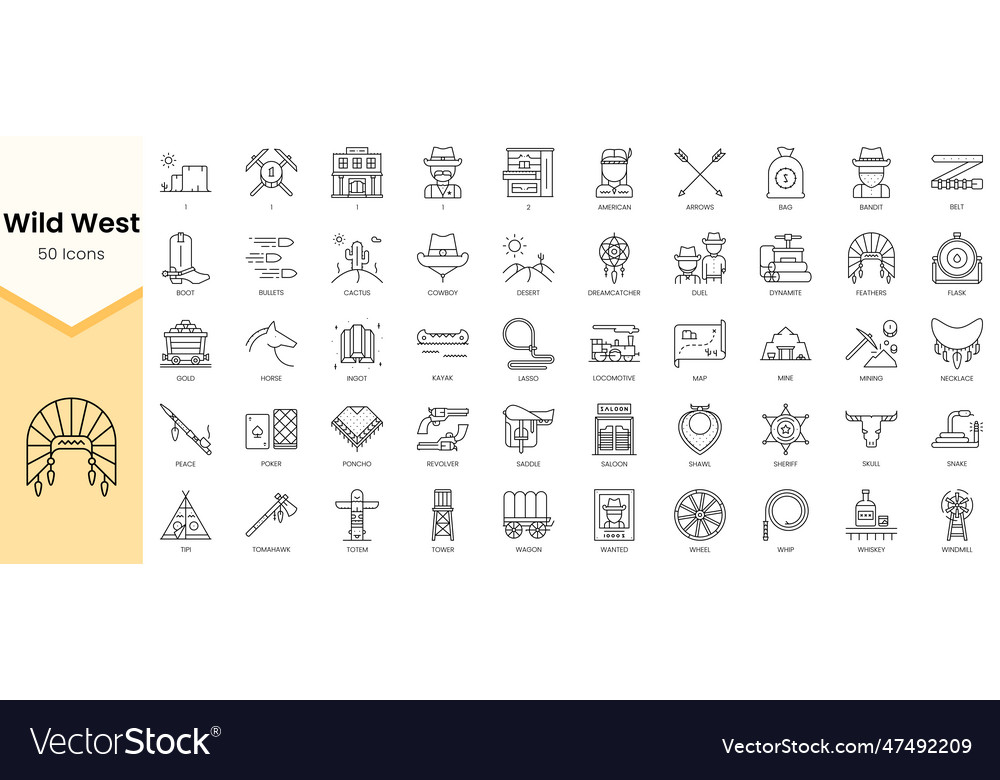 Simple outline set ofwild west icons linear style Vector Image