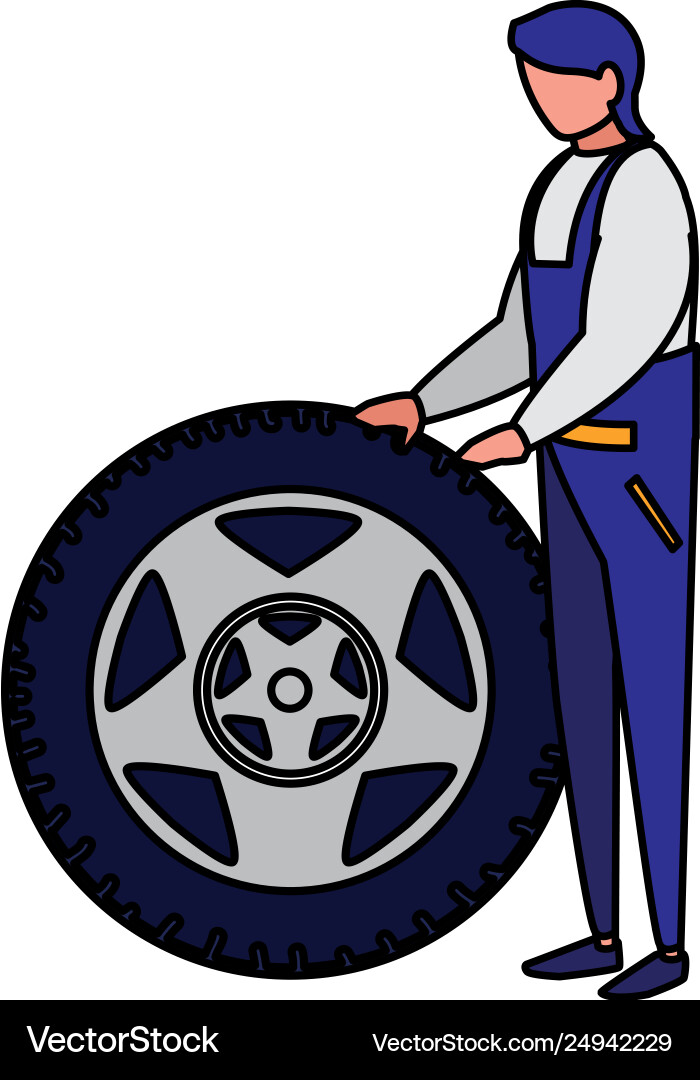 Mechanic worker with tire car Royalty Free Vector Image