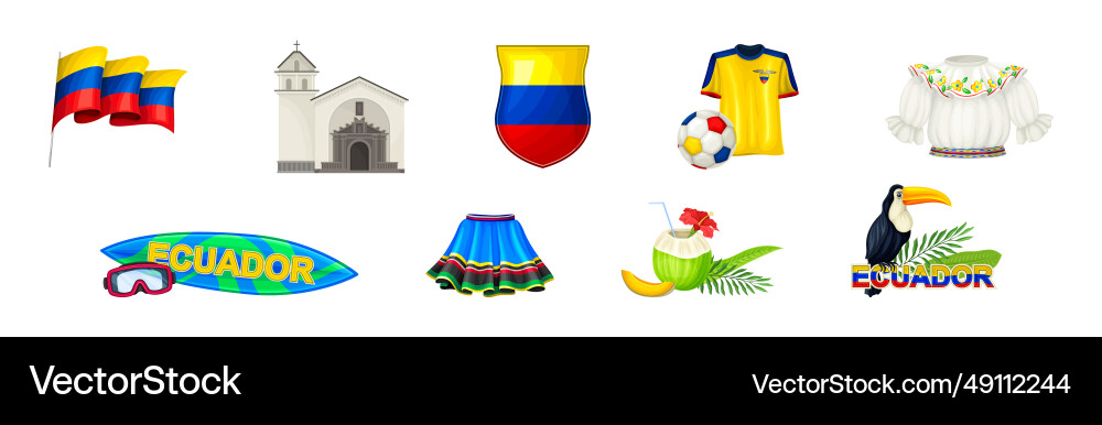 Different ecuador objects and national symbols Vector Image