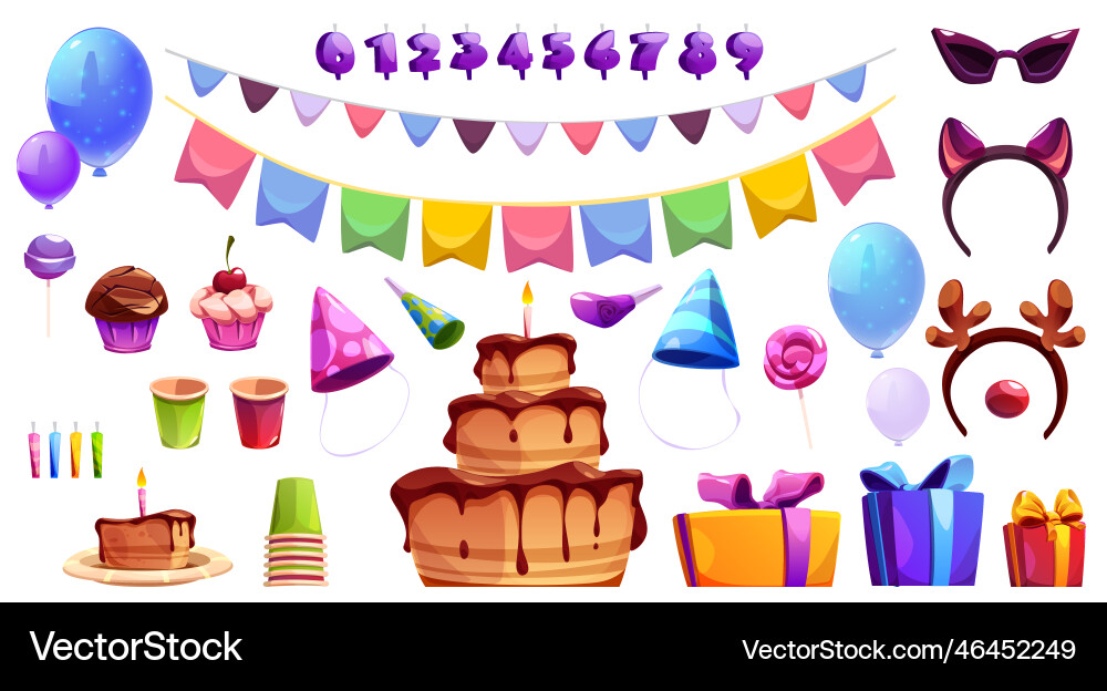 Cute birthday party element set with cake Vector Image