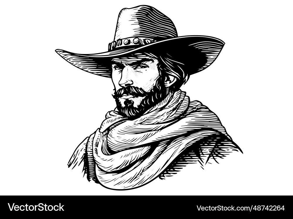 Cowboy bust or head on hat in engraving style Vector Image