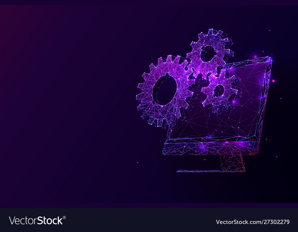 Desktop computer and cogs low poly Royalty Free Vector Image
