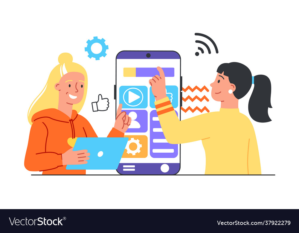 Developer build mobile app work on user interface Vector Image