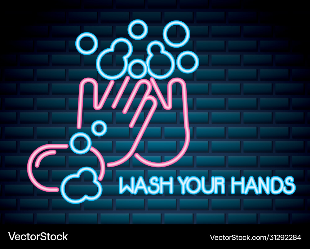 Wash your hands for covid19 neon light style Vector Image