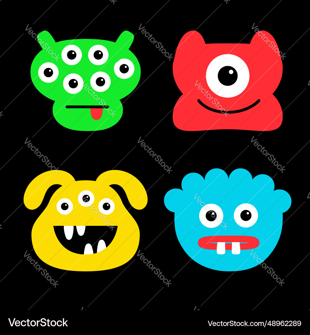 Monster set happy halloween cute face head four Vector Image