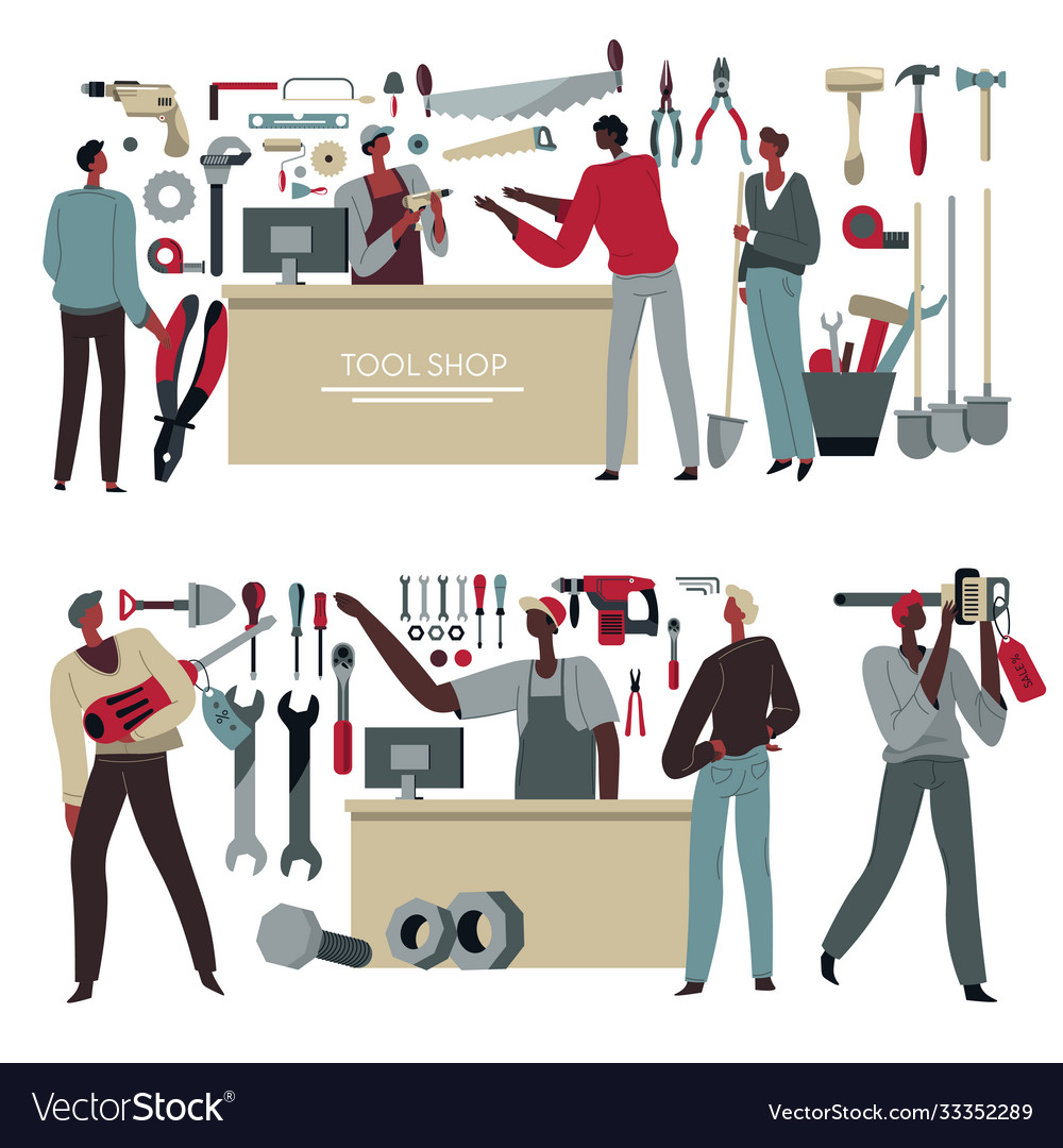 Tool Shop Assistant And Customers Selling Vector Image