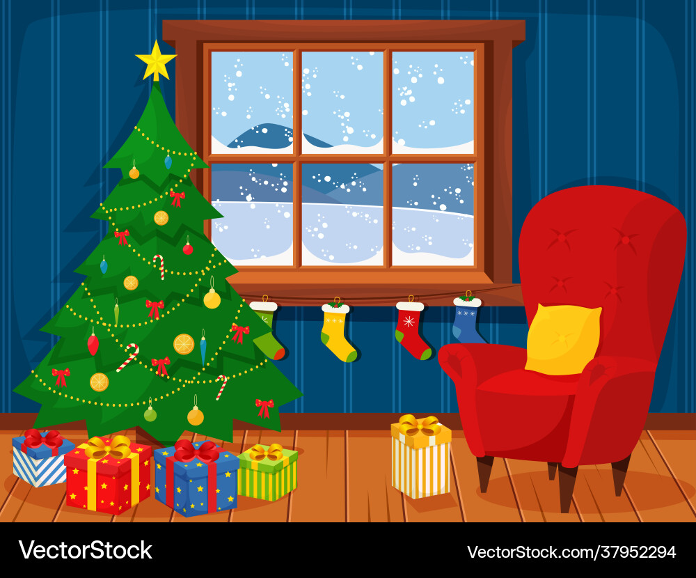 Christmas interior living room Royalty Free Vector Image