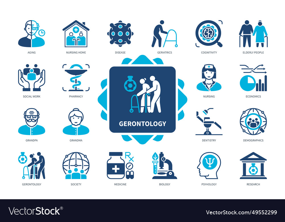 Gerontology solid icon set Royalty Free Vector Image