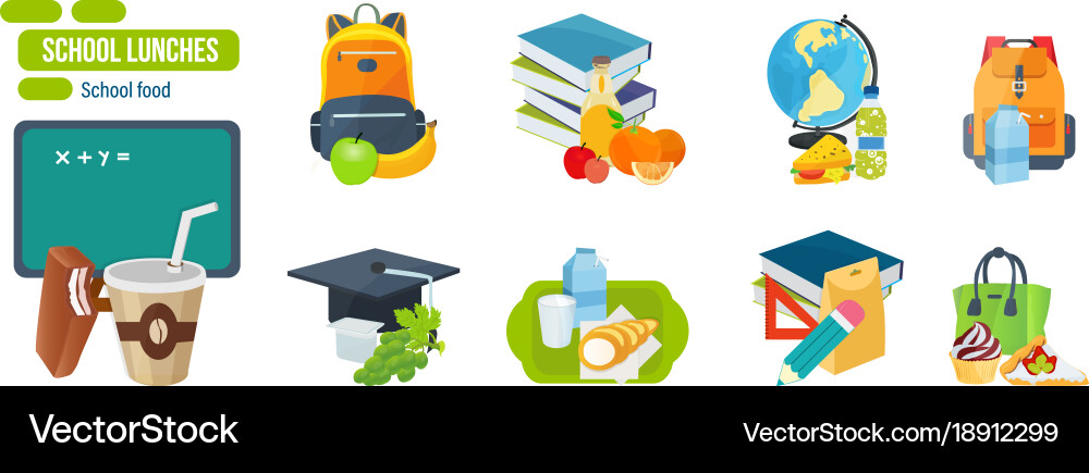School lunch consisting fruits vegetables drinks Vector Image