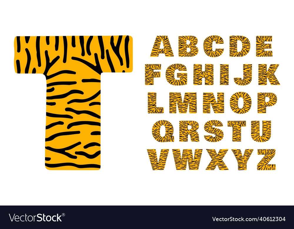 Tiger alphabet of bold letters white and orange Vector Image