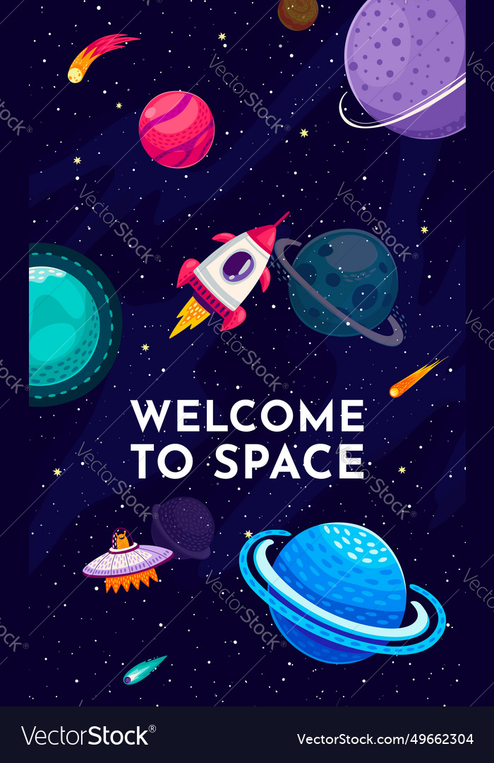 Welcome to space banner with ufo and galaxy planet