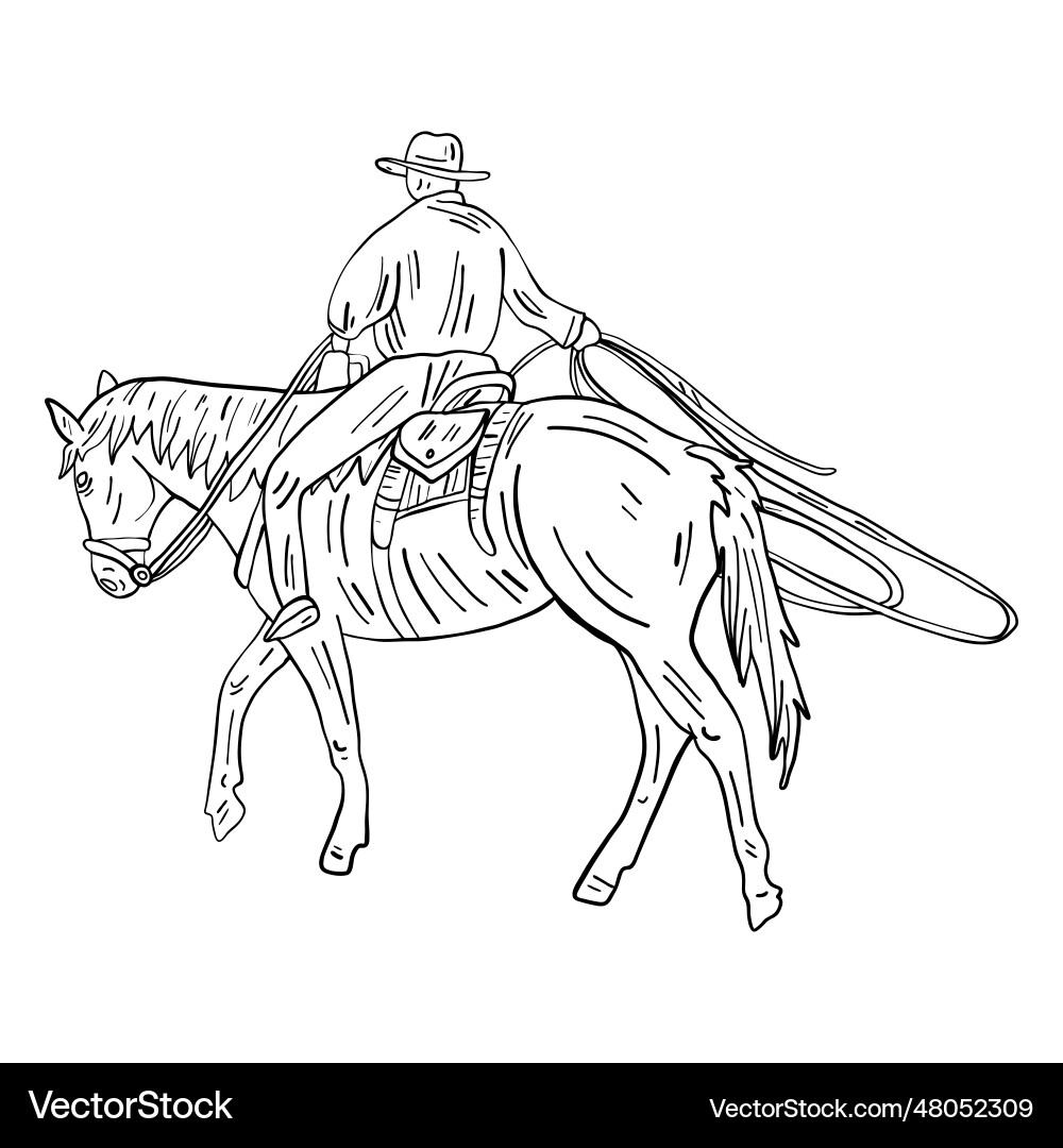 Cowboy riding side view line Royalty Free Vector Image