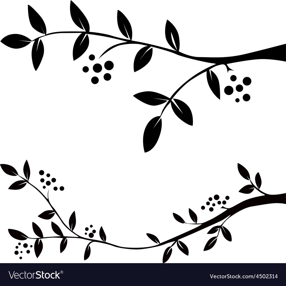 Twig With Leaves And Berries Black Silhouette Vector Image