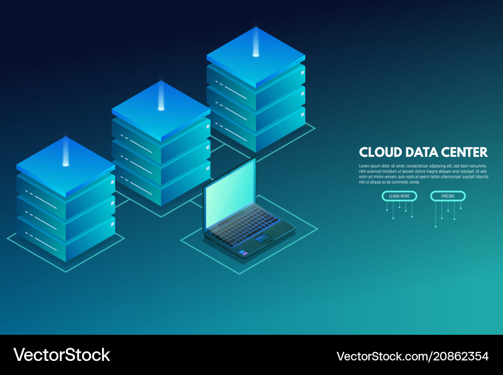 Data center isometric banner with laptop and Vector Image