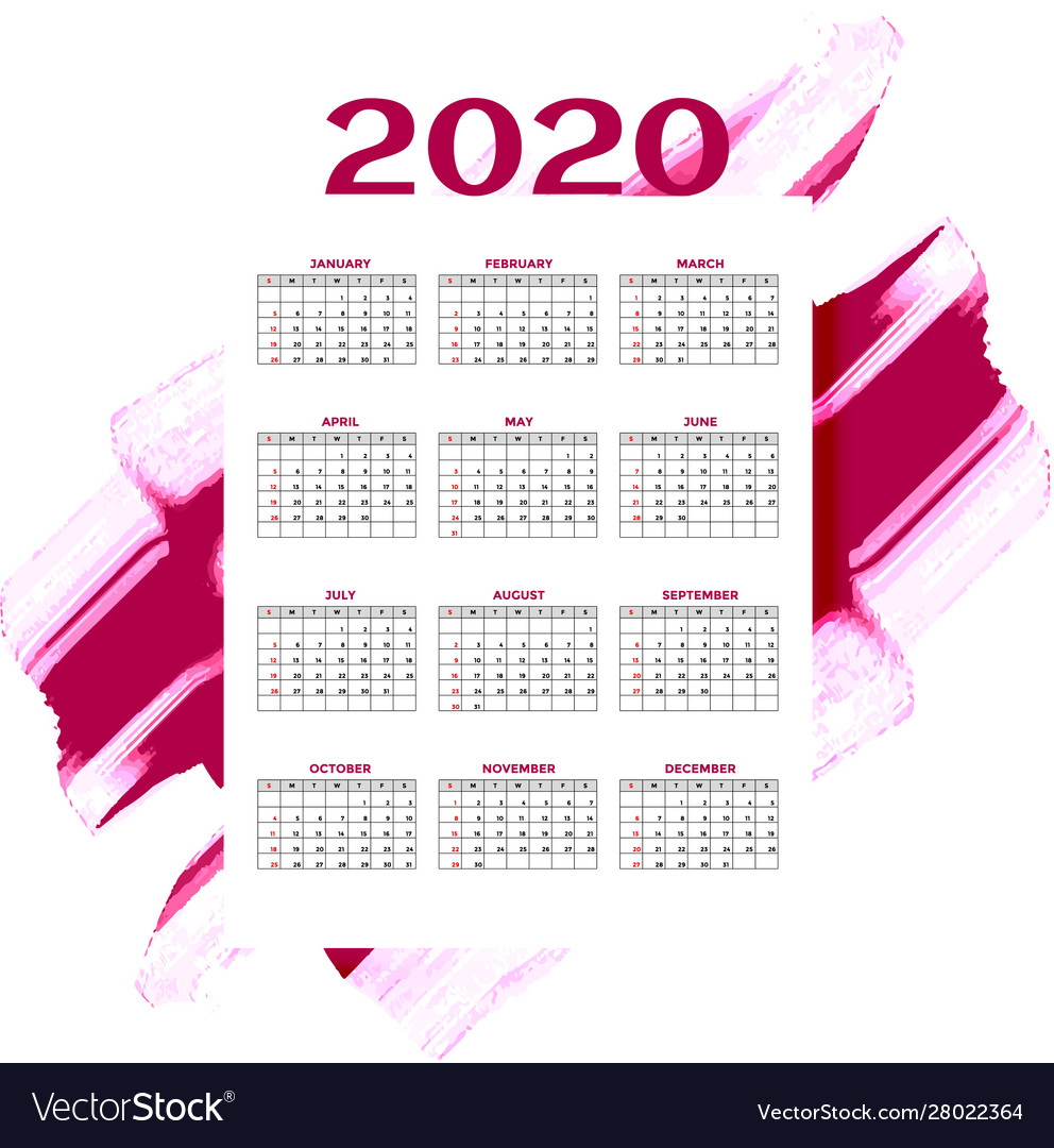 2020 new year watercolor calendar layout template Vector Image