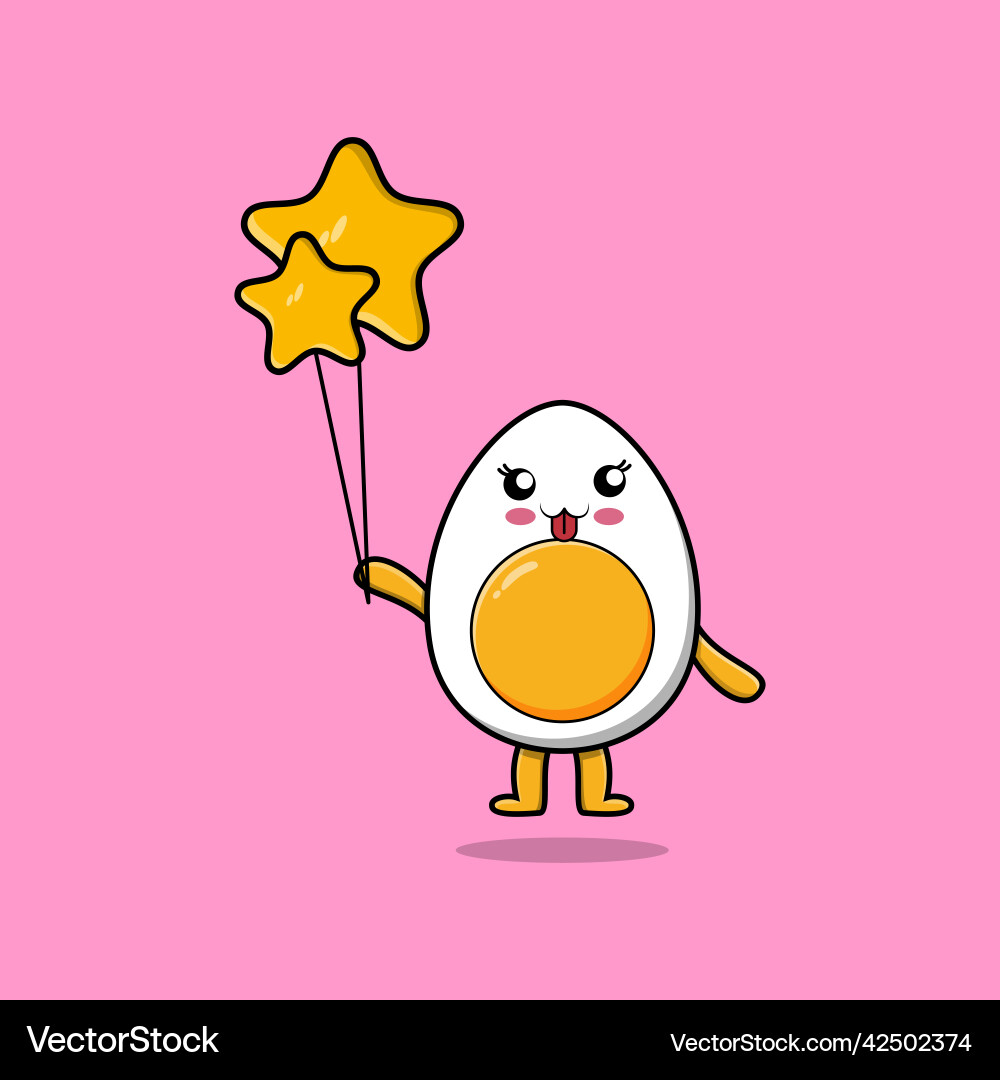 Cute cartoon boiled egg floating with star balloon