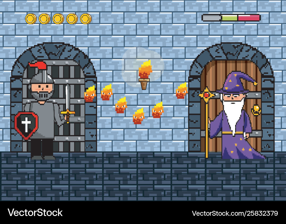 Arcade game world and pixel scene design Vector Image