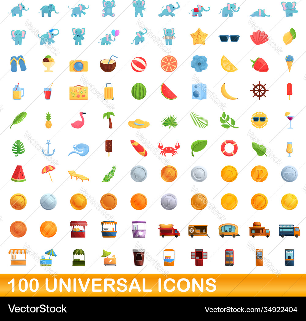 100 universal icons set cartoon style Royalty Free Vector