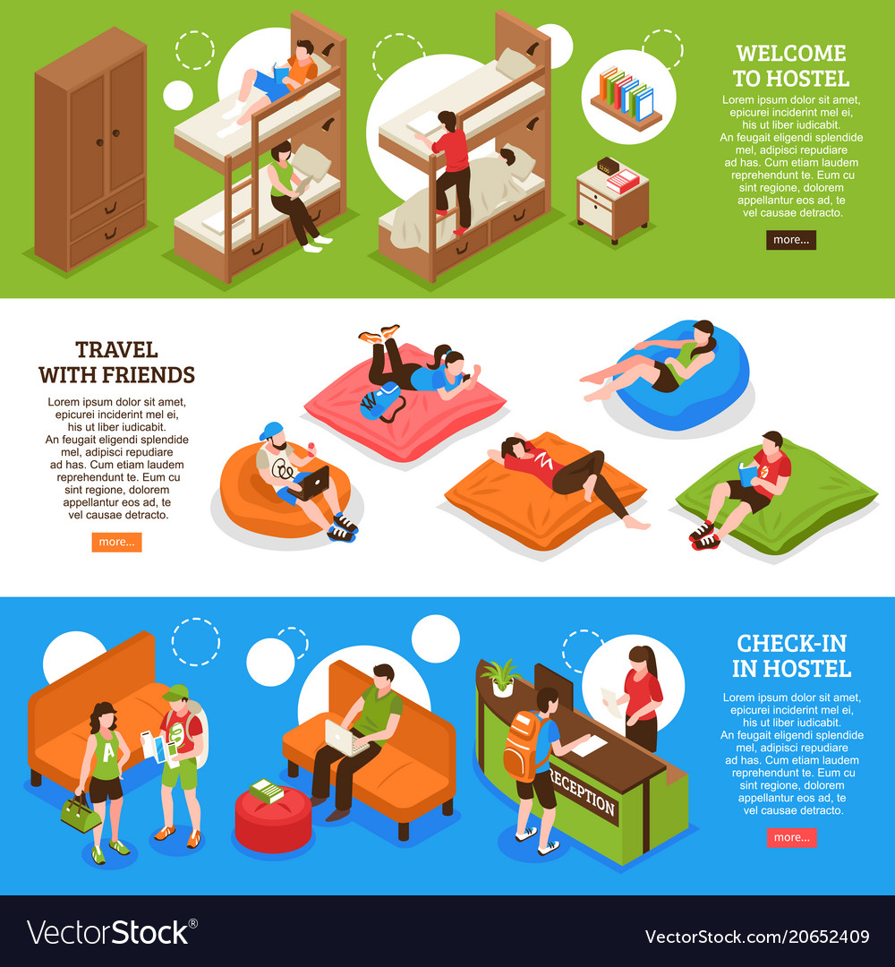 Hostel horizontal isometric banners Royalty Free Vector Hostel horizontal isometric banners Royalty Free Vector