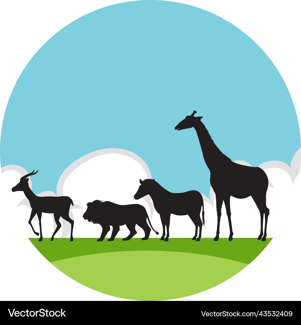 Silhouette wild animals in round shape Royalty Free Vector