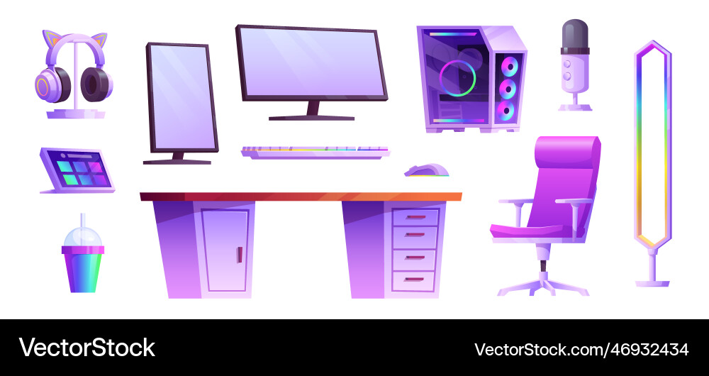 Isolated game computer streamer room interior set Vector Image