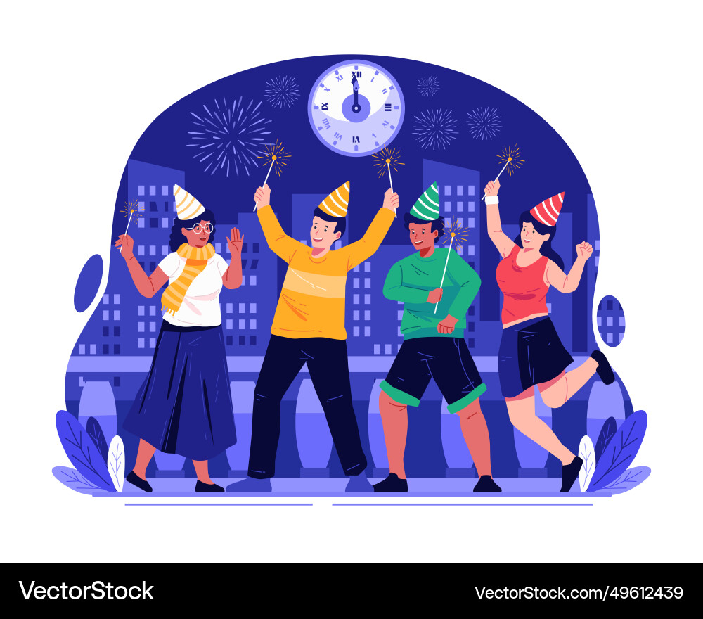 A group of happy people is setting off fireworks Vector Image