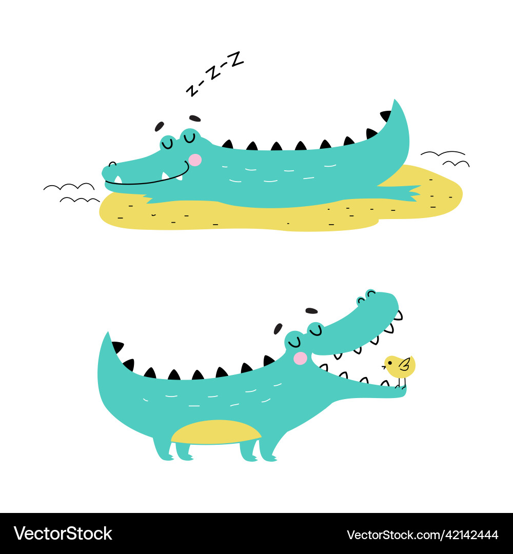 Cute friendly turquoise crocodiles set lovely Vector Image