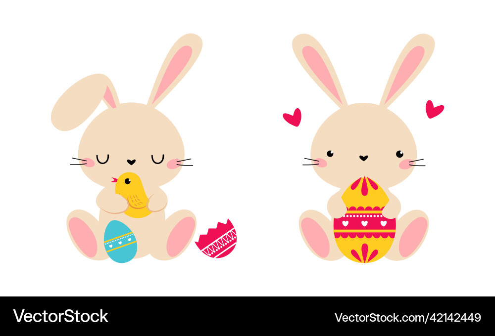 Cute little easter bunny with decorated eggs set Vector Image