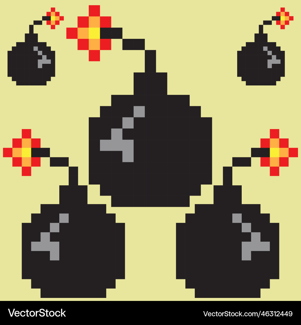 Pixel game icons isolated bombs with fire Vector Image