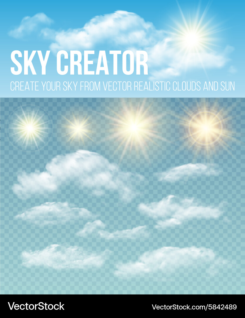 Sky creator set realistic clouds and sun Vector Image