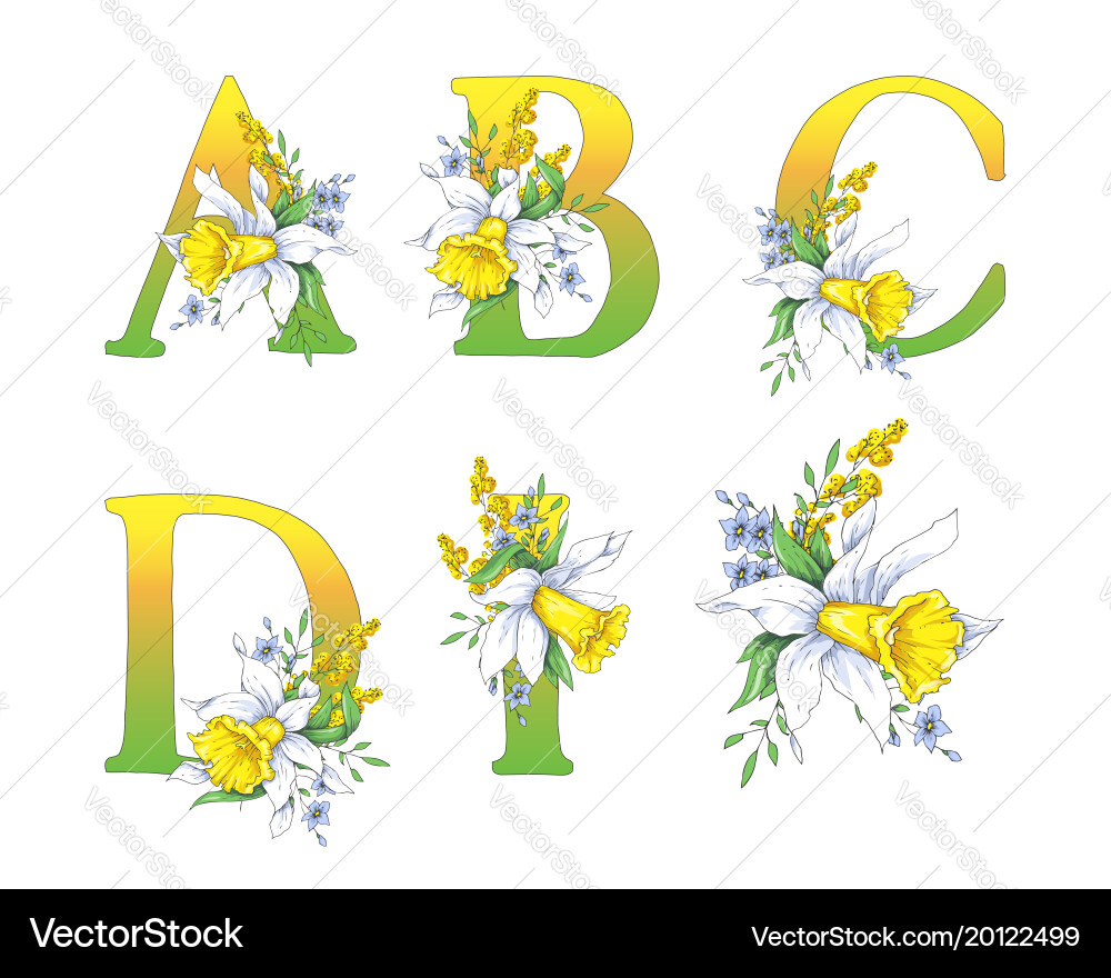 Spring bright letters with daffodils and forget-me