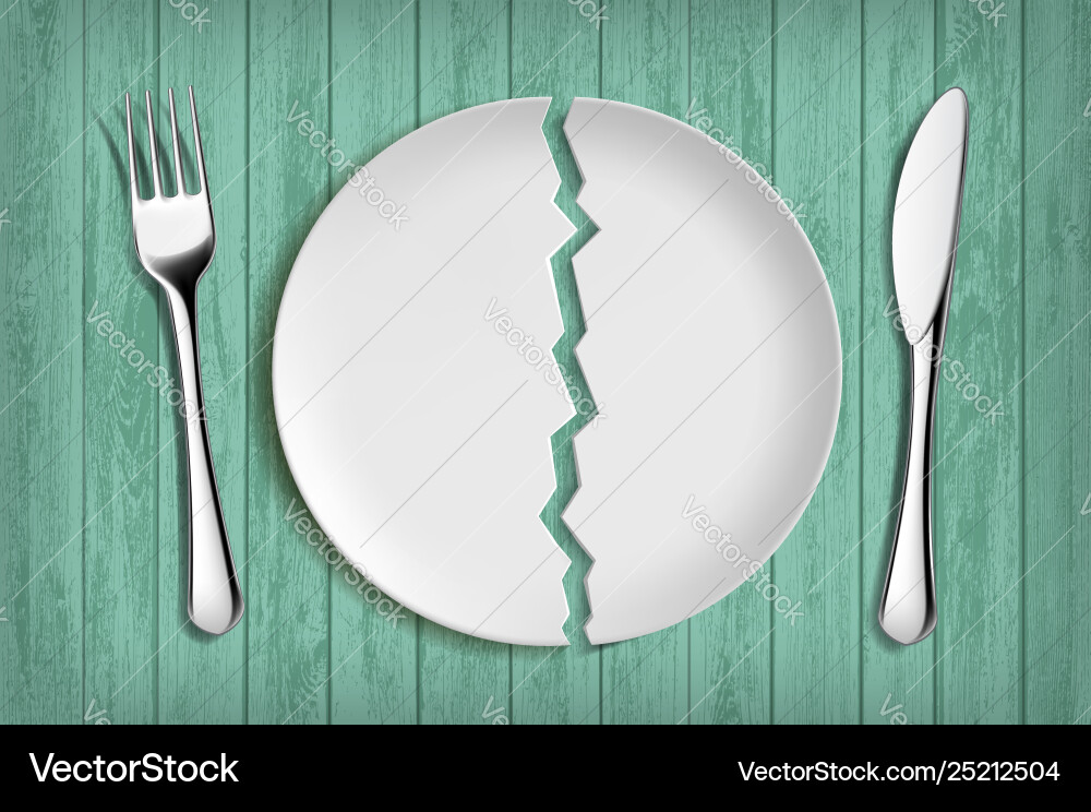 Broken white plate on a green wooden table Vector Image