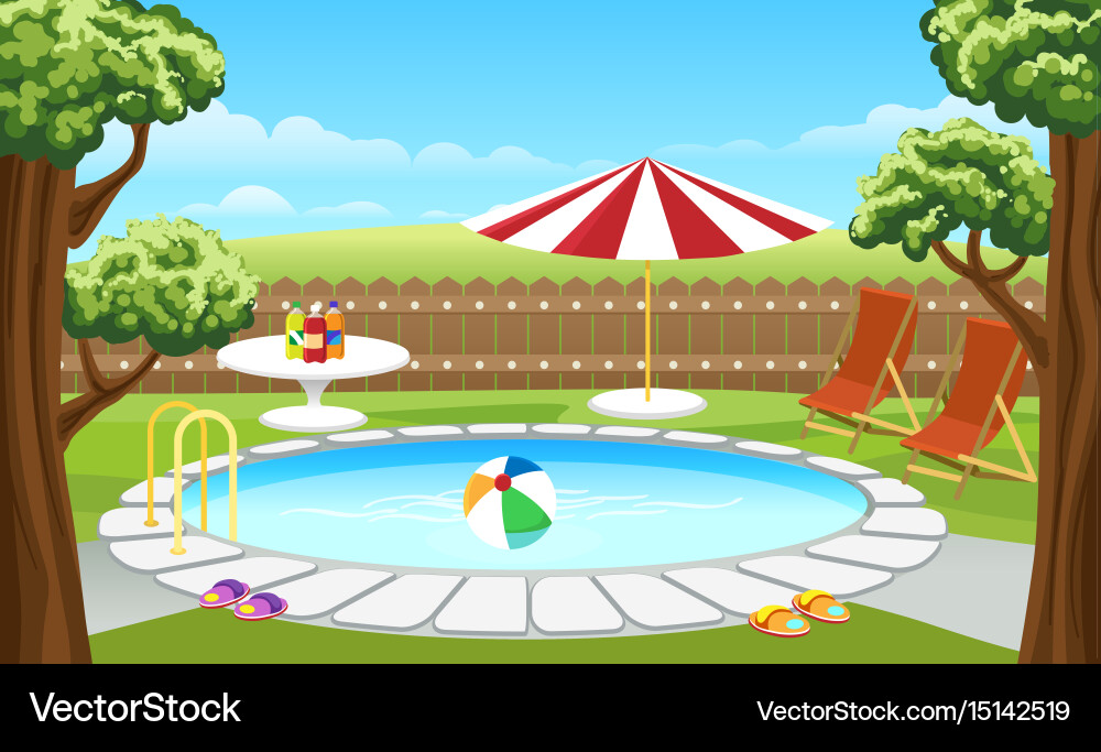 Backyard pool with fence and parasol Royalty Free Vector