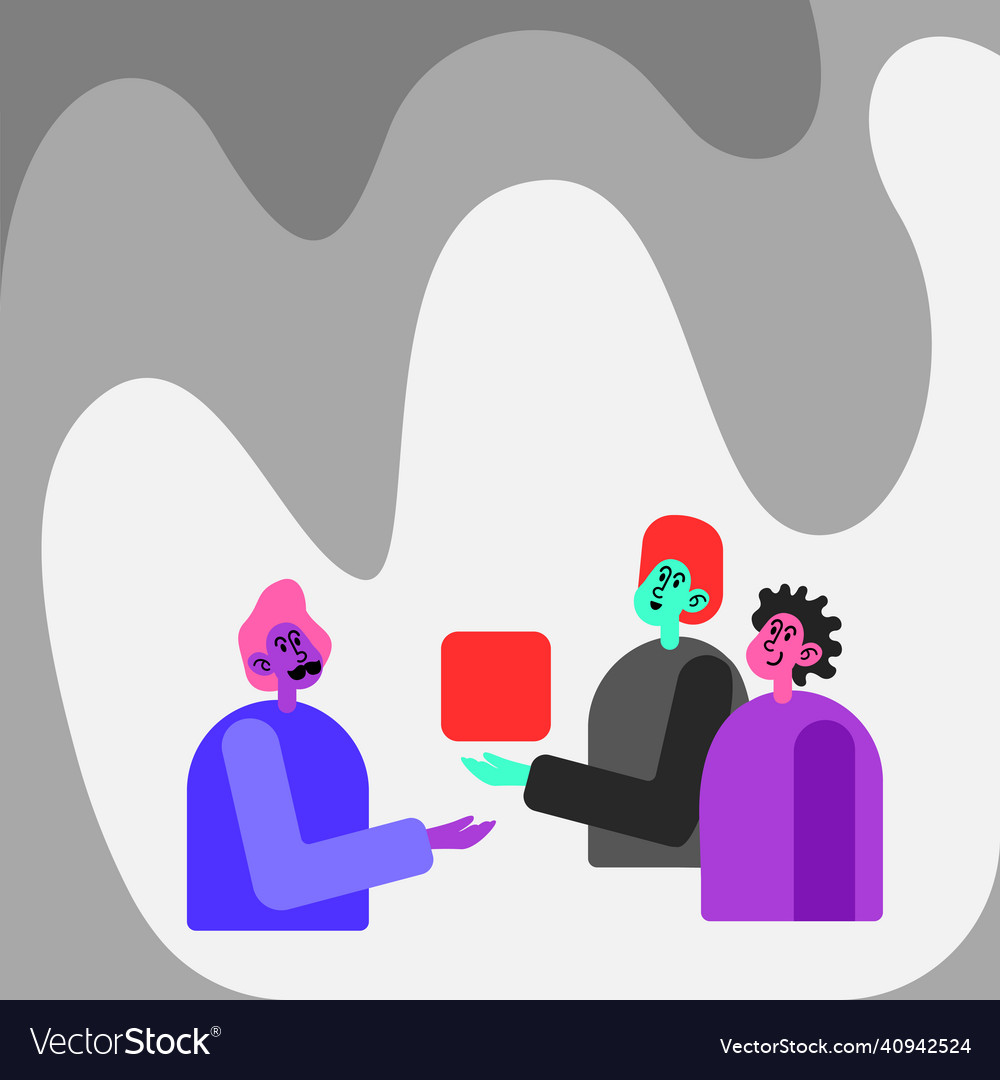 Three colleagues having meeting displaying cube Vector Image Three colleagues having meeting displaying cube Vector Image