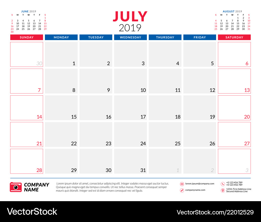 July 2019 calendar planner stationery design Vector Image