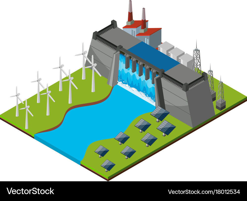 Dam with turbines and solar cells Royalty Free Vector Image