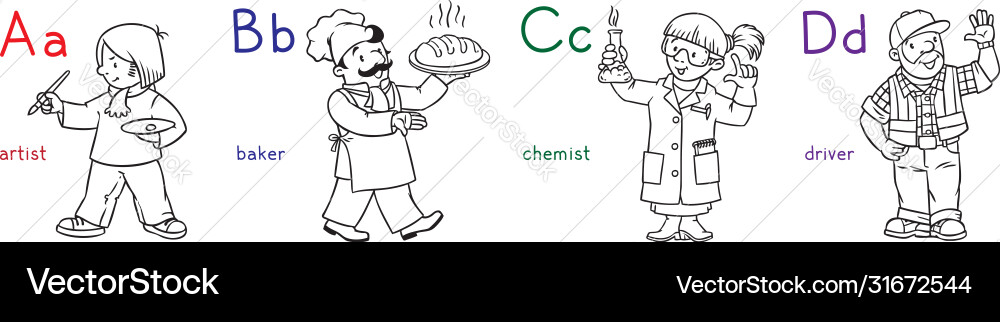 Abc professions coloring book set Royalty Free Vector Image