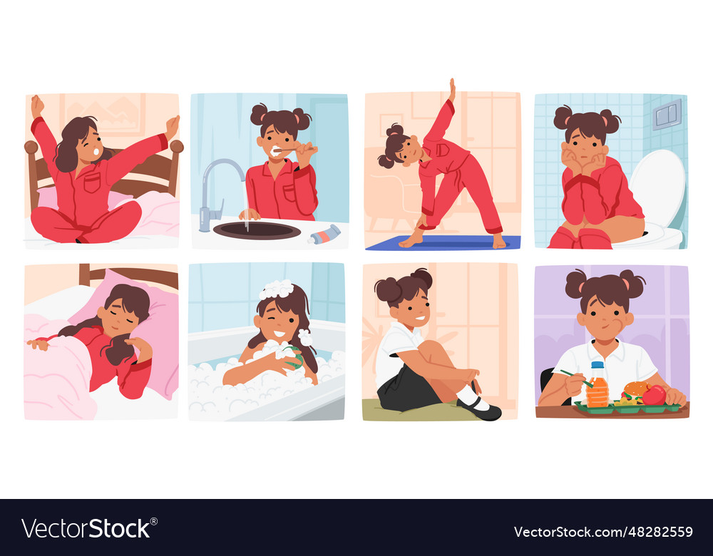Little girl daily routine character wake up Vector Image Little girl daily routine character wake up Vector Image