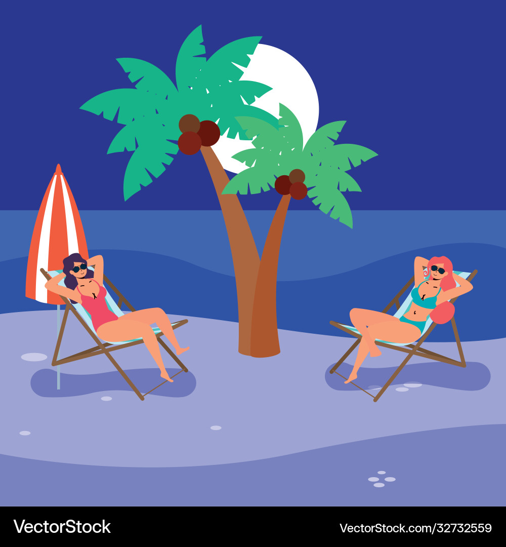 Women on beach practicing social distance Vector Image