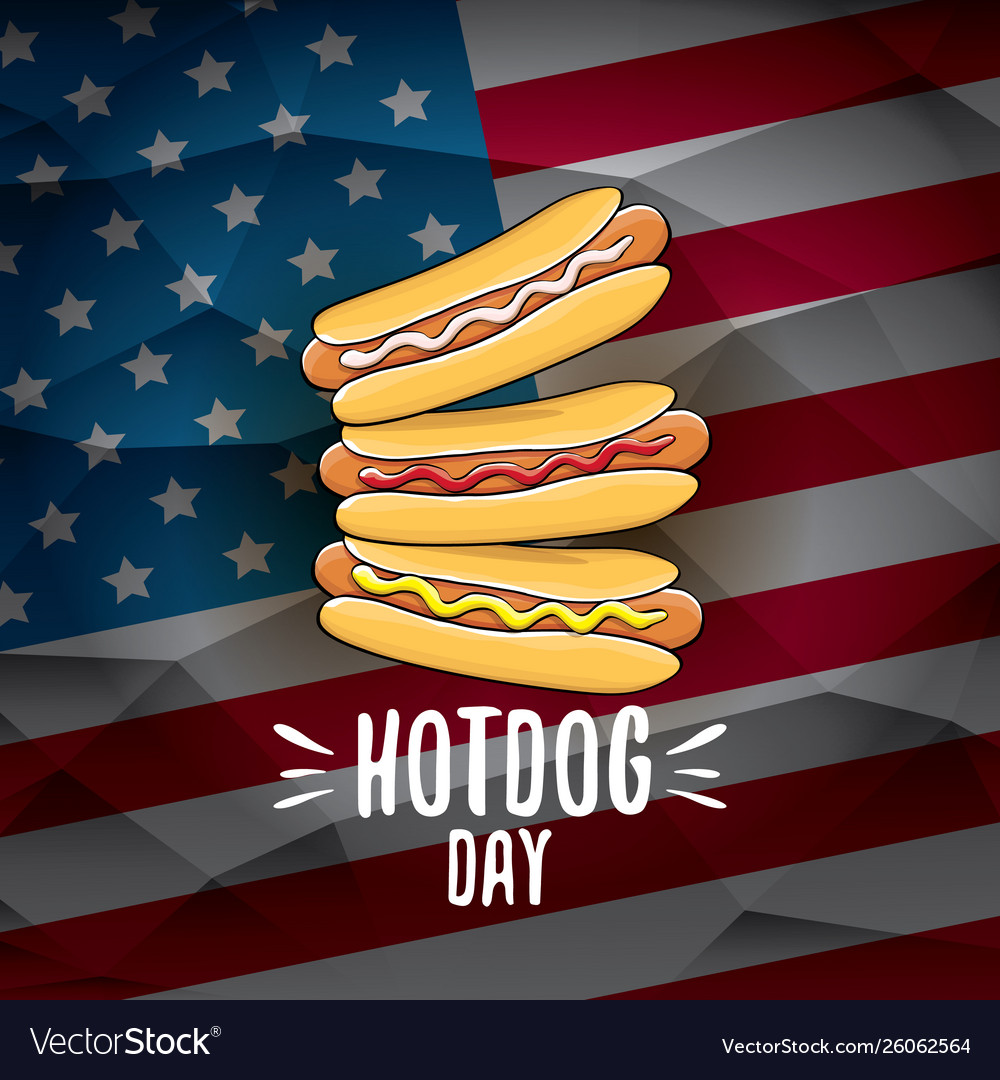 National hot dog day poster with funny cartoon hot