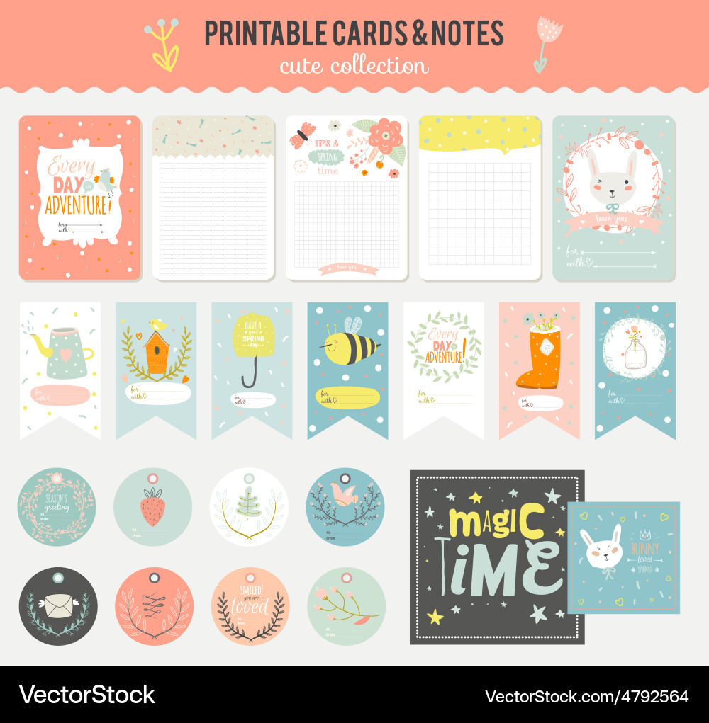 Set cards notes and stickers with cute Royalty Free Vector