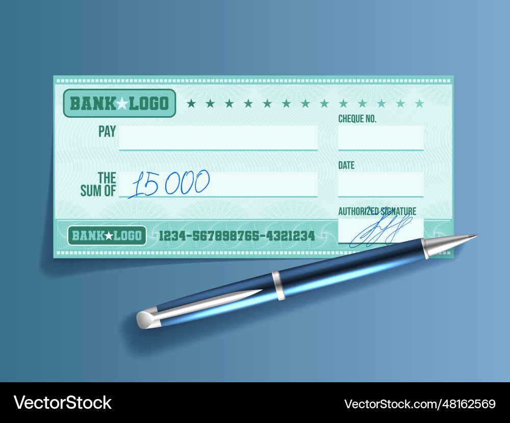 Signed bank check and pen Royalty Free Vector Image