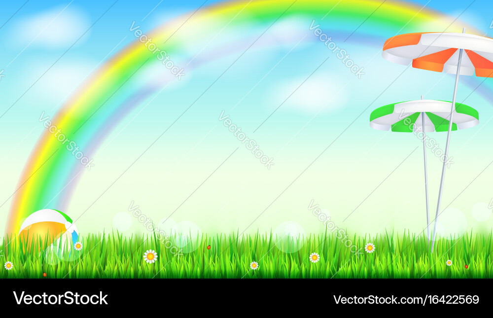 Summer background big bright rainbow above green Vector Image